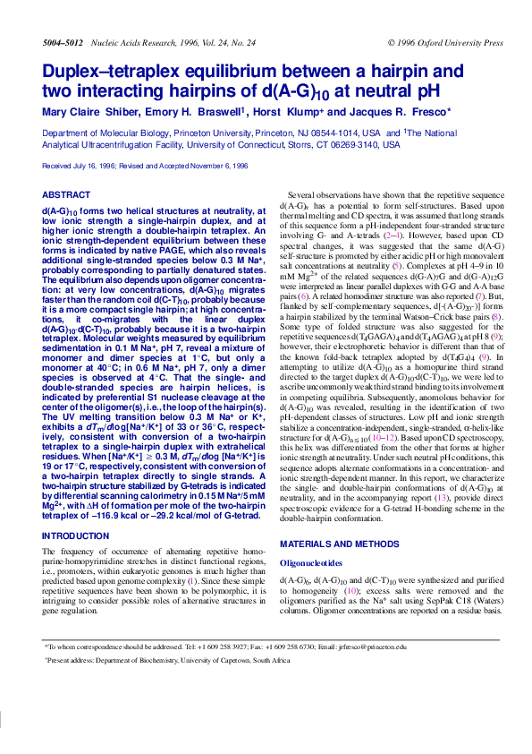 (PDF) Duplex-Tetraplex Equilibrium between a Hairpin and Two ...