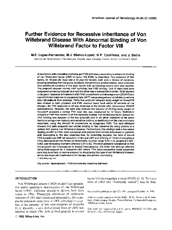 (PDF) Further evidence for recessive inheritance of von willebrand ...