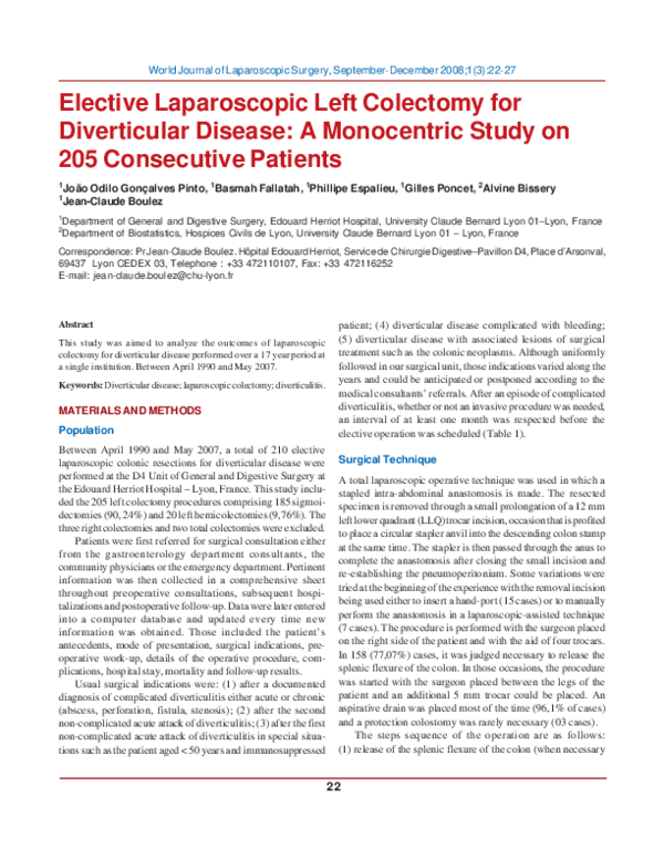 (PDF) Elective Laparoscopic Left Colectomy for Diverticular Disease: A ...