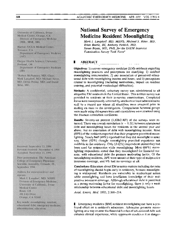 (PDF) National survey of emergency medicine resident moonlighting. SAEM ...