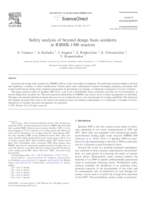 (PDF) Safety analysis of beyond design basis accidents in RBMK-1500 ...