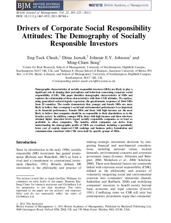 (PDF) Drivers of Corporate Social Responsibility Attitudes: The Demography of Socially ...