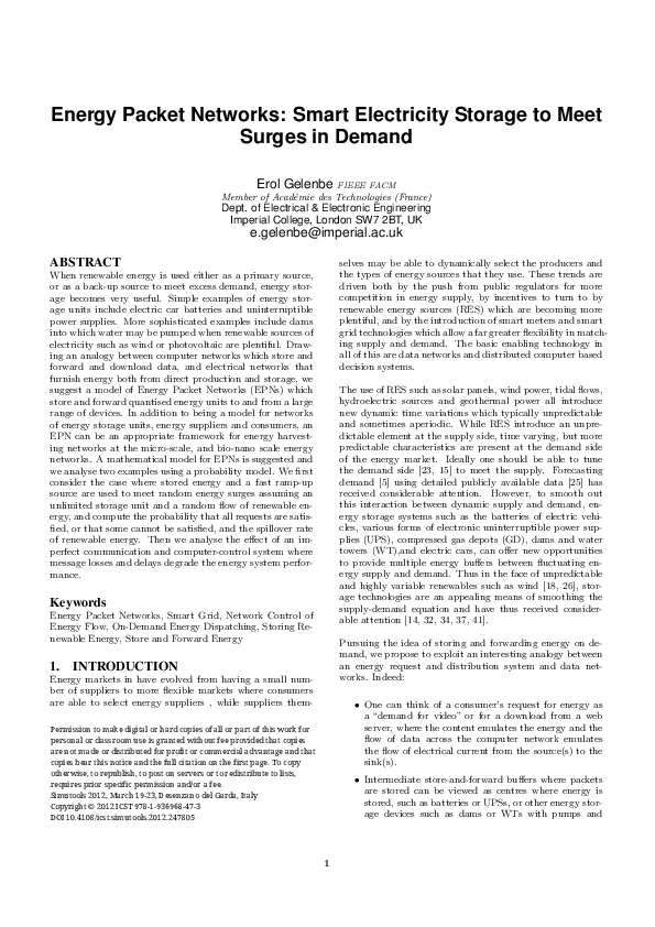 (PDF) Energy Packet Networks: Smart Electricity Storage to Meet Surges ...