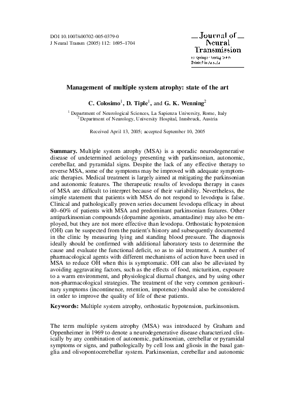 (PDF) Management of multiple system atrophy: state of the art