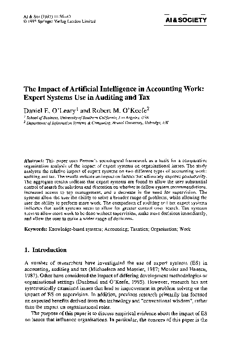 (PDF) The Impact of Artificial Intelligence in Accounting Work: Expert Systems Use in Auditing ...