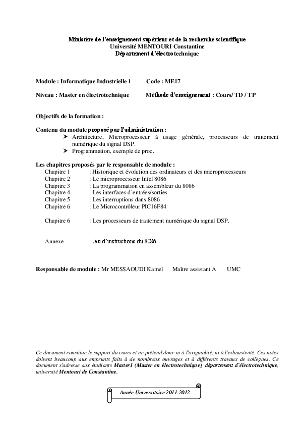 (PDF) cour microcontrôleur et microprocesseur (automatique )