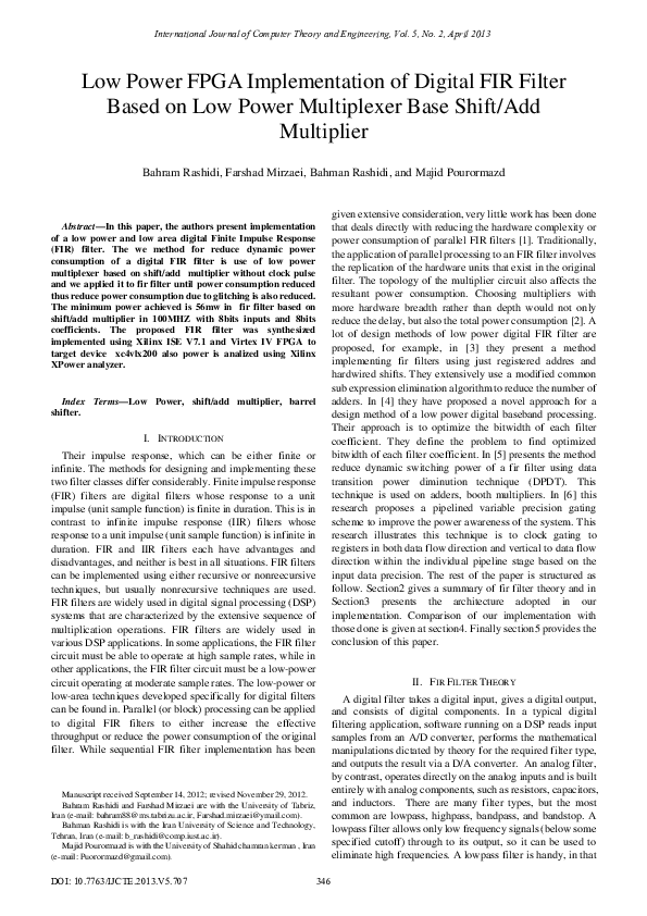 Pdf Low Power Fpga Implementation Of Digital Fir Filter Based On Low Power Multiplexer Base