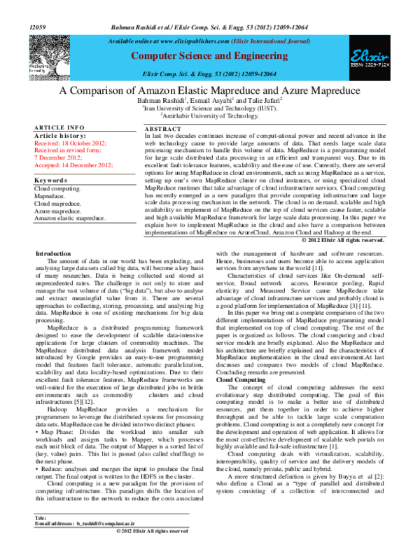 Pdf A Comparison Of Amazon Elastic Mapreduce And Azure Mapreduce 