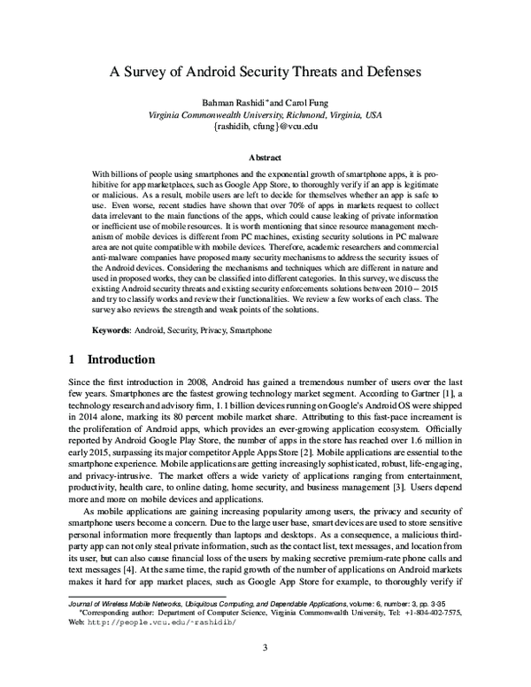 Pdf A Survey Of Android Security Threats And Defenses