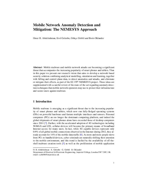 (PDF) Mobile Network Anomaly Detection and Mitigation: The NEMESYS Approach (PDF) Mobile Network Anomaly Detection and Mitigation: The NEMESYS Approach
