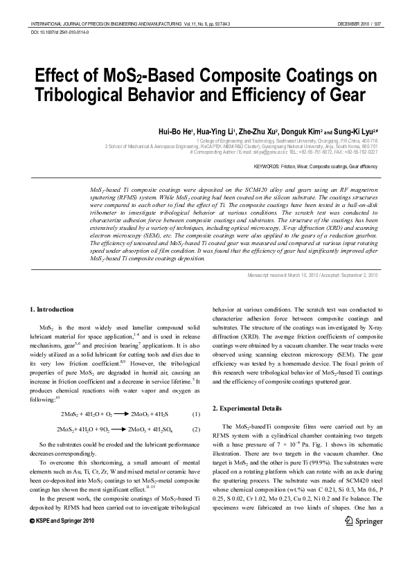 (PDF) Effect of MoS2-based composite coatings on tribological behavior and efficiency of gear