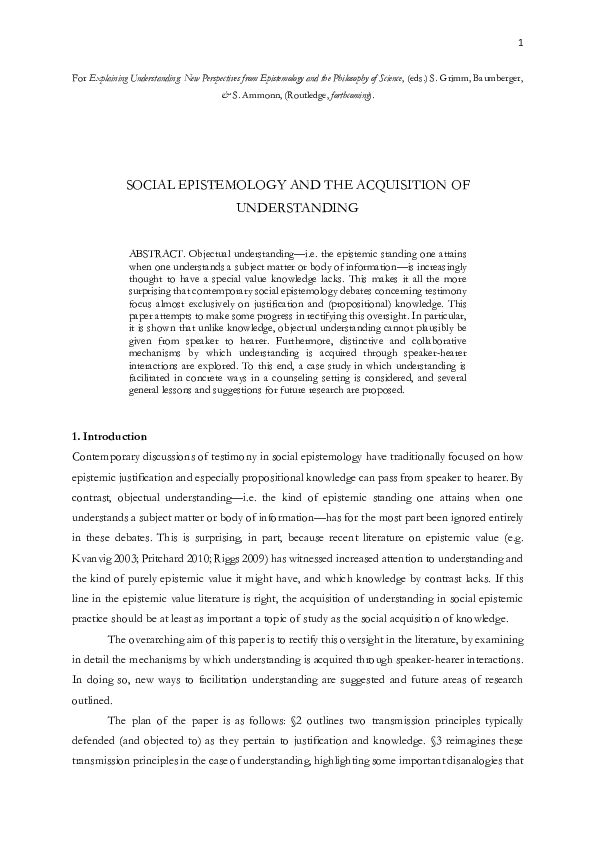 (PDF) Social Epistemology and the Acquisition of Understanding