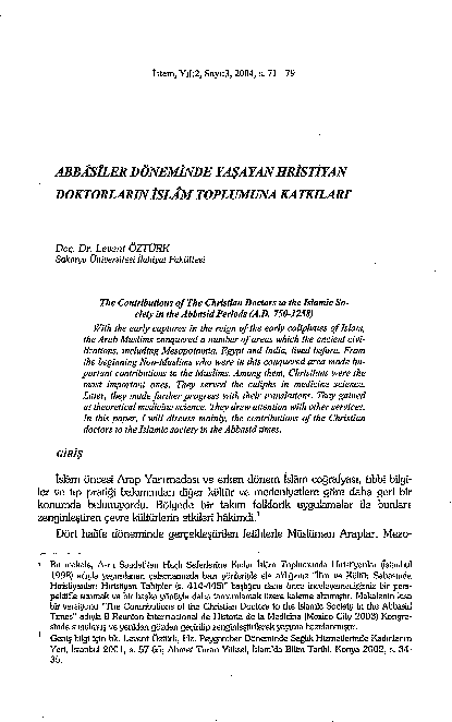 (PDF) Abbâsîler Döneminde Yaşayan Hristiyan Doktorların İslâm Toplumuna ...