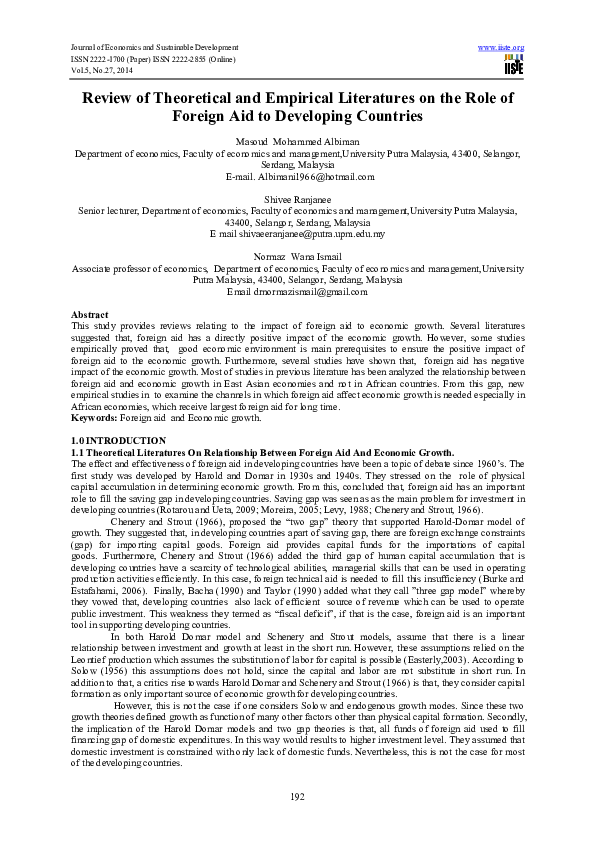 (PDF) Review of Theoretical and Empirical Literatures on the Role of Foreign Aid to Developing ...