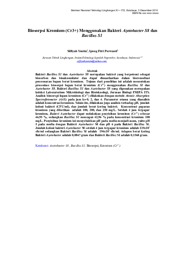 (DOC) Biosorpsi Kromium (Cr3+) Menggunakan Bakteri Azotobacter S8 dan ...