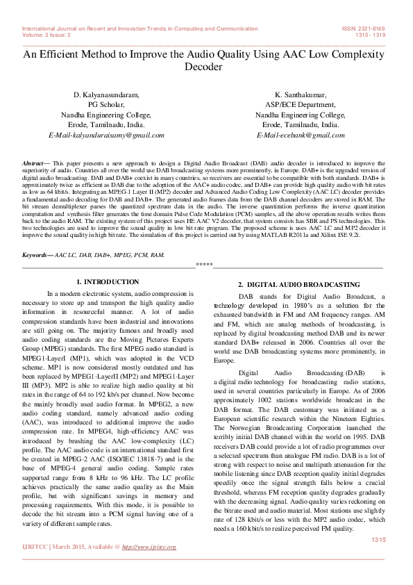 Pdf An Efficient Method To Improve The Audio Quality Using Aac Low Complexity Decoder