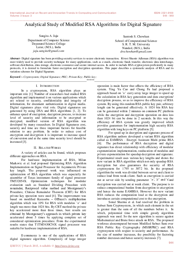 (PDF) Analytical Study of Modified RSA Algorithms for Digital Signature