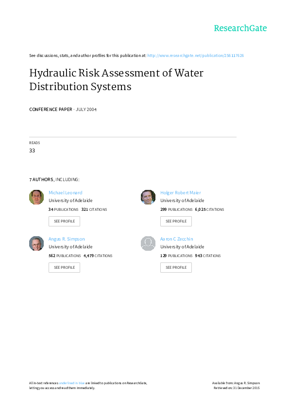 (PDF) Hydraulic Risk Assessment of Water Distribution Systems