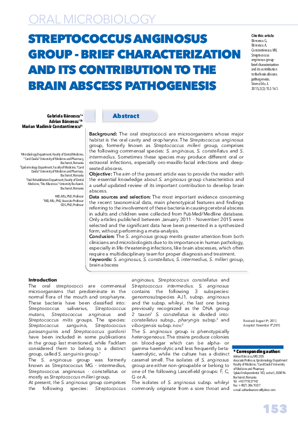 (PDF) STREPTOCOCCUS ANGINOSUS GROUP – BRIEF CHARACTERIZATION AND ITS CONTRIBUTION TO THE BRAIN ...