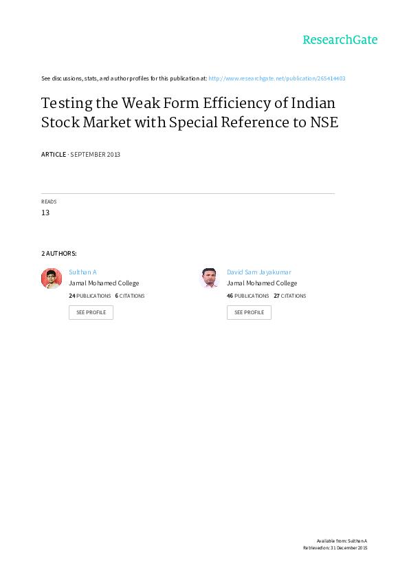 (PDF) Testing the Weak Form Efficiency of Indian Stock Market with ...