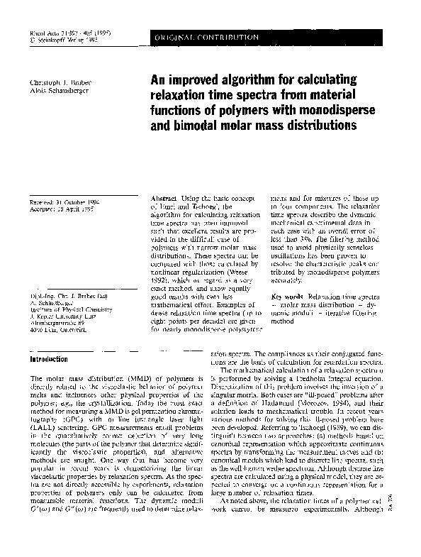 (PDF) An improved algorithm for calculating relaxation time spectra from material functions of ...