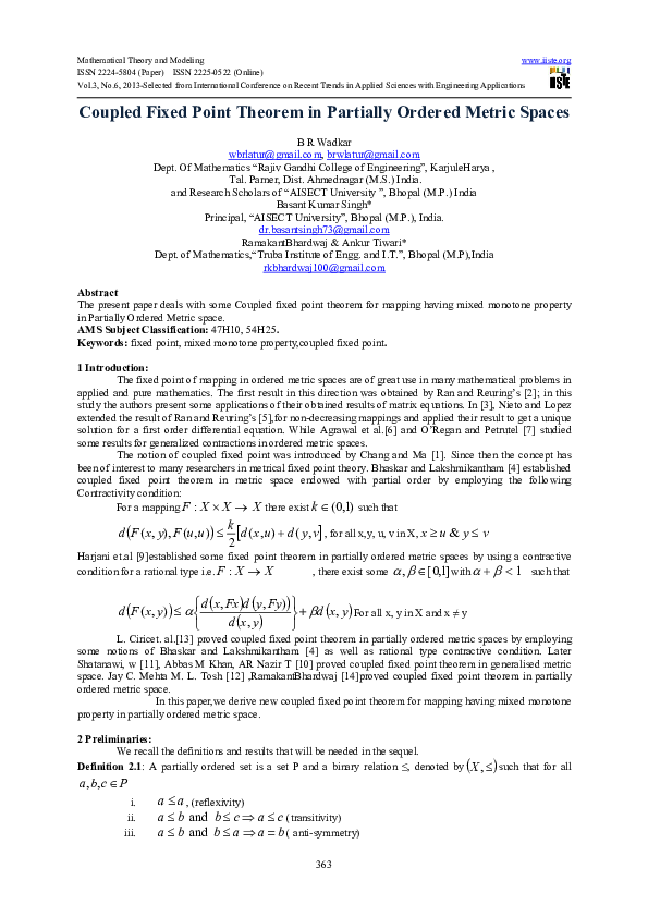 Pdf Coupled Fixed Point Theorem In Partially Ordered Metric Space