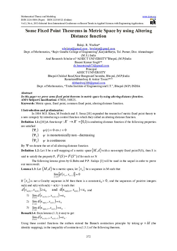 (PDF) FIxed point theorem in metric space by using altering distance function