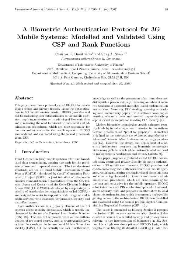 (PDF) A Biometric Authentication Protocol for 3G Mobile Systems: Modelled and Validated Using ...