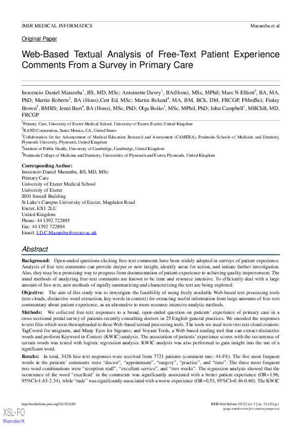 (PDF) Web-based Textual Analysis of Patient Comments