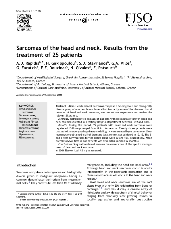 (PDF) Head and Neck Sarcomas: Treatment Outcomes in 25 Patients