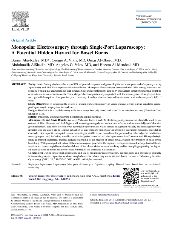 (PDF) Monopolar Electrosurgery through Single-Port Laparoscopy: A ...