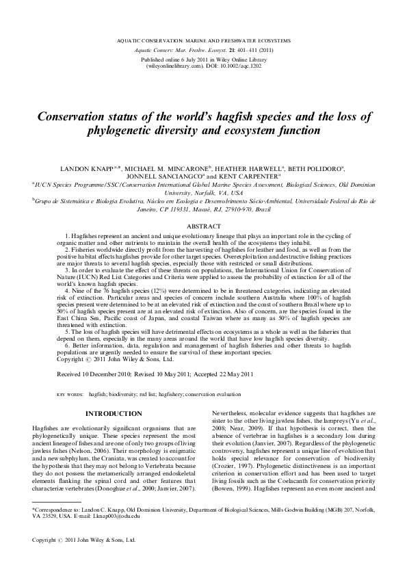 (PDF) Conservation status of the world's hagfish species and the loss ...