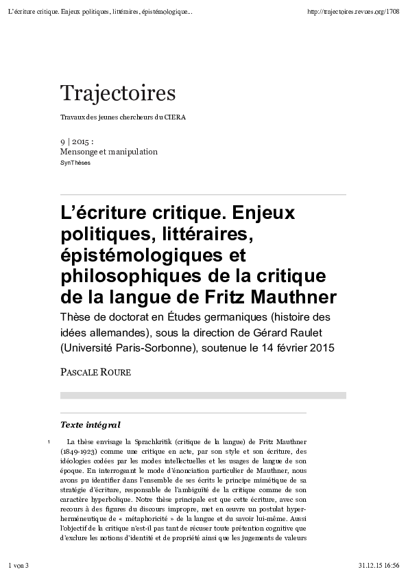 (PDF) L' écriture critique. Compte-rendu [Open Access]