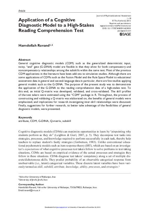 (PDF) Ravand, H. (2015). Application of a Cognitive Diagnostic Model to ...