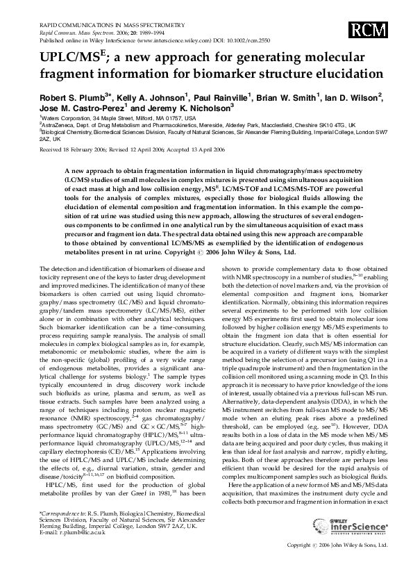 (PDF) UPLC/MSE; a new approach for generating molecular fragment ...