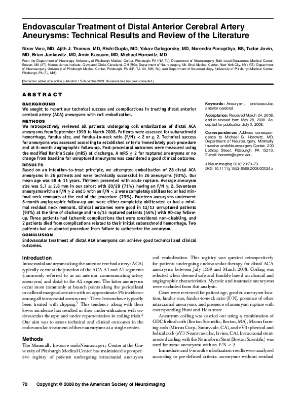 (PDF) Endovascular Treatment of Distal Anterior Cerebral Artery ...