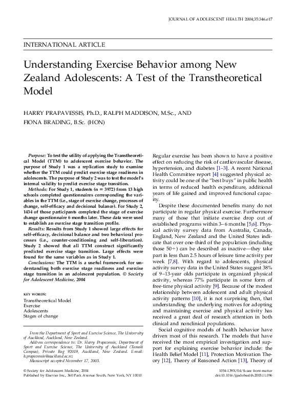 (PDF) Understanding exercise behavior among New Zealand adolescents: A ...