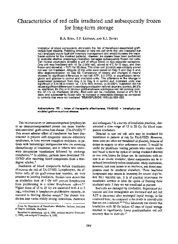 (PDF) Characteristics of red cells irradiated and subsequently frozen ...