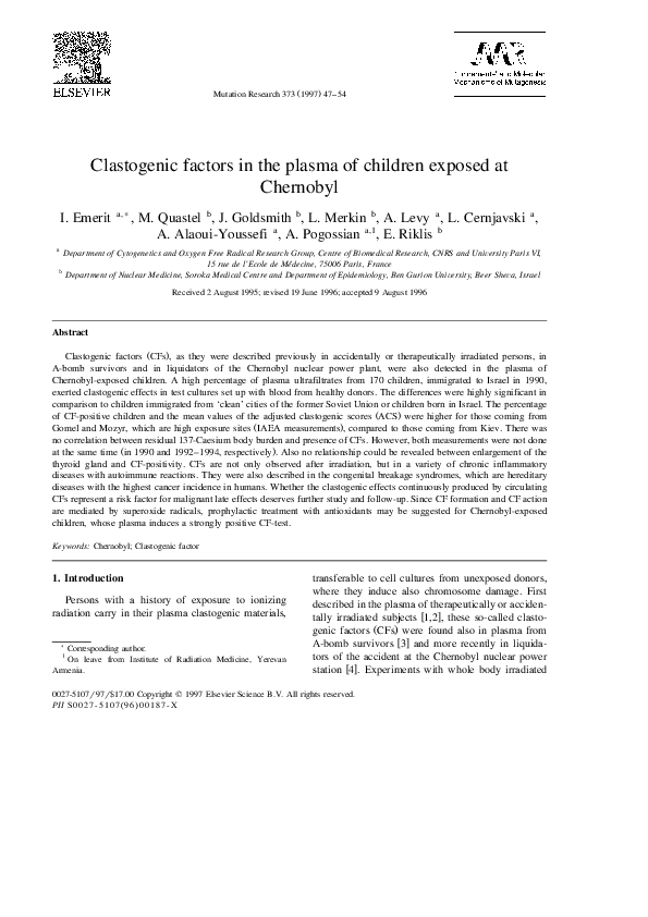 (PDF) Clastogenic factors in the plasma of children exposed at Chernobyl