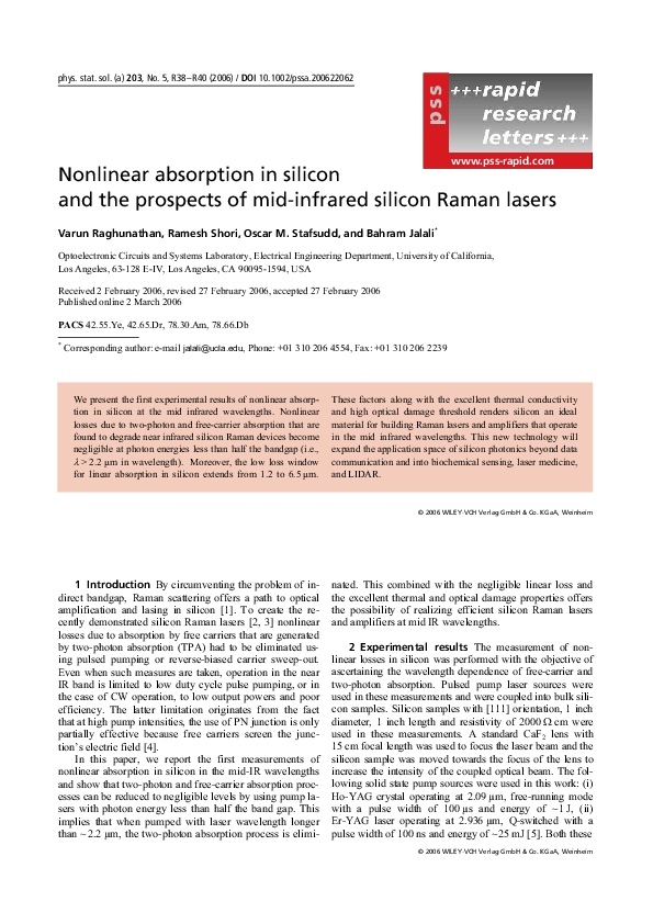 (PDF) Nonlinear absorption in silicon and the prospects of mid-infrared ...