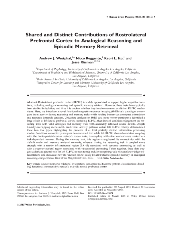 (PDF) Shared and Distinct Contributions of Rostrolateral Prefrontal Cortex to Analogical ...