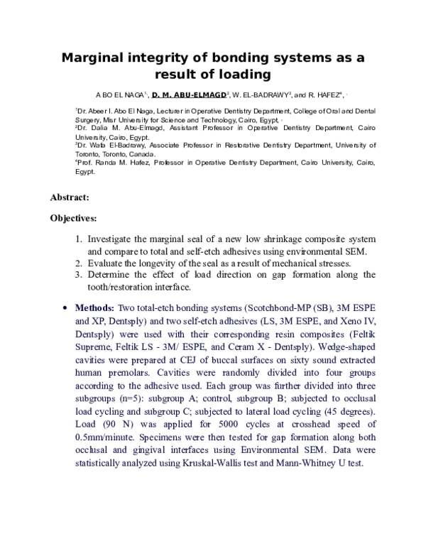 (DOC) Marginal Integrity Of Bonding Systems As A Result Of Loading