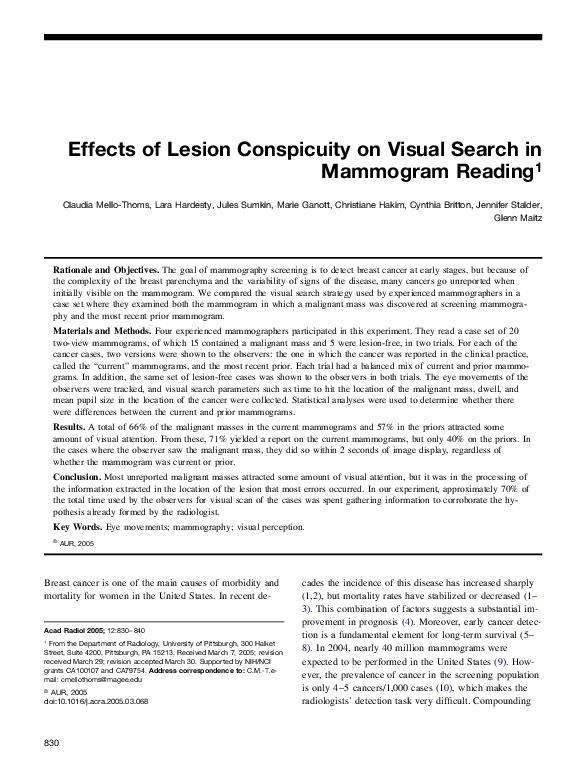 (PDF) Effects of Lesion Conspicuity on Visual Search in Mammogram Reading1