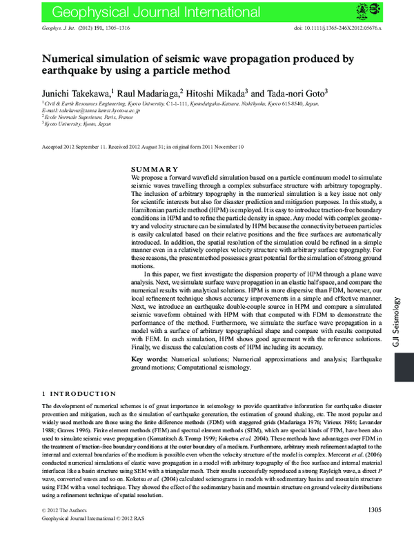 Pdf Numerical Simulation Of Seismic Wave Propagation Produced By Earthquake By Using A