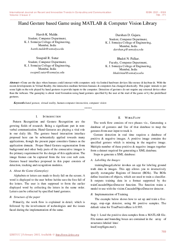 Pdf Hand Gesture Based Game Using Matlab And Computer Vision Library