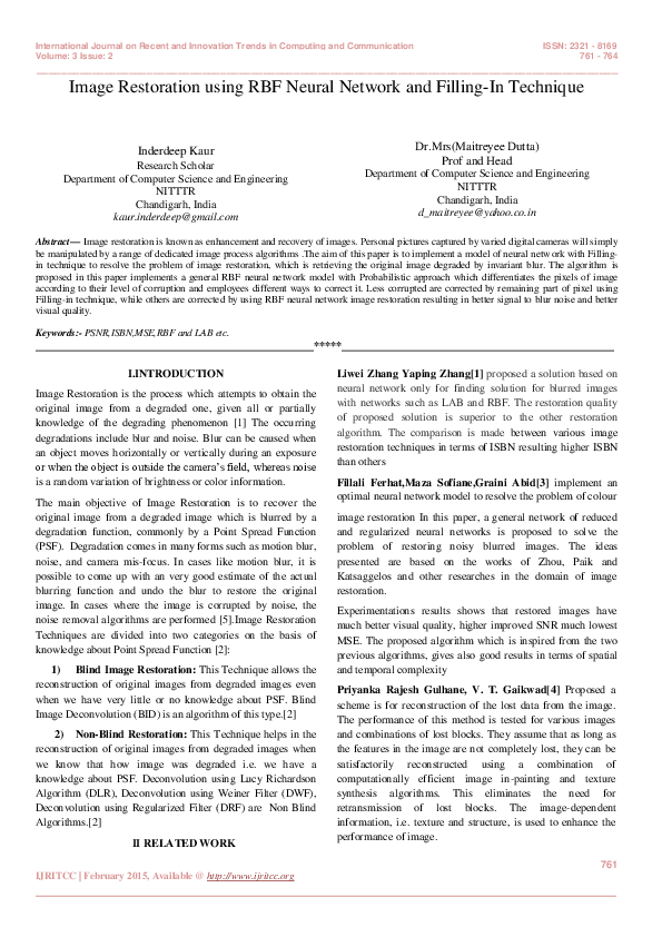 Pdf Image Restoration Using Rbf Neural Network And Filling In Technique