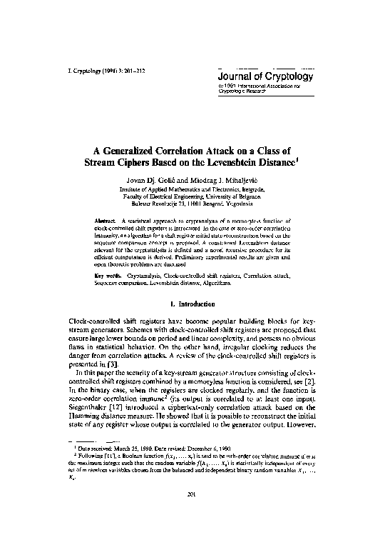 Pdf A Generalized Correlation Attack On A Class Of Stream Ciphers Based On The Levenshtein