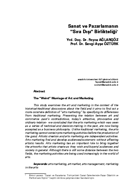 (PDF) Sanat ve Pazarlamanın "Sıra Dışı" Birlikteliği /The “Weird ...