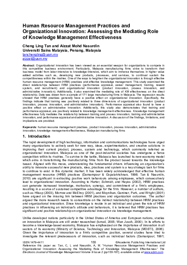 (PDF) Human Resource Management Practices and Organizational Innovation: Assessing the Mediating ...