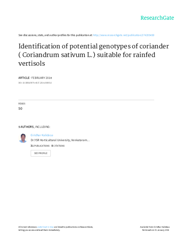 (PDF) Identification of potential genotypes of coriander ( Coriandrum ...